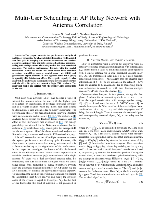 Pdf Multi User Scheduling In Af Relay Network With Antenna Correlation