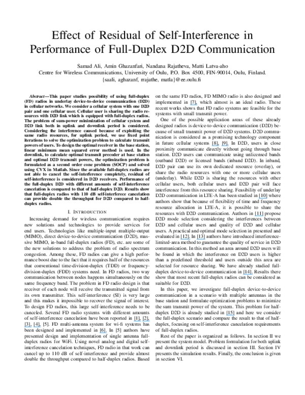 (PDF) Effect of Residual of Self-Interference in Performance of Full-Duplex D2D Communication