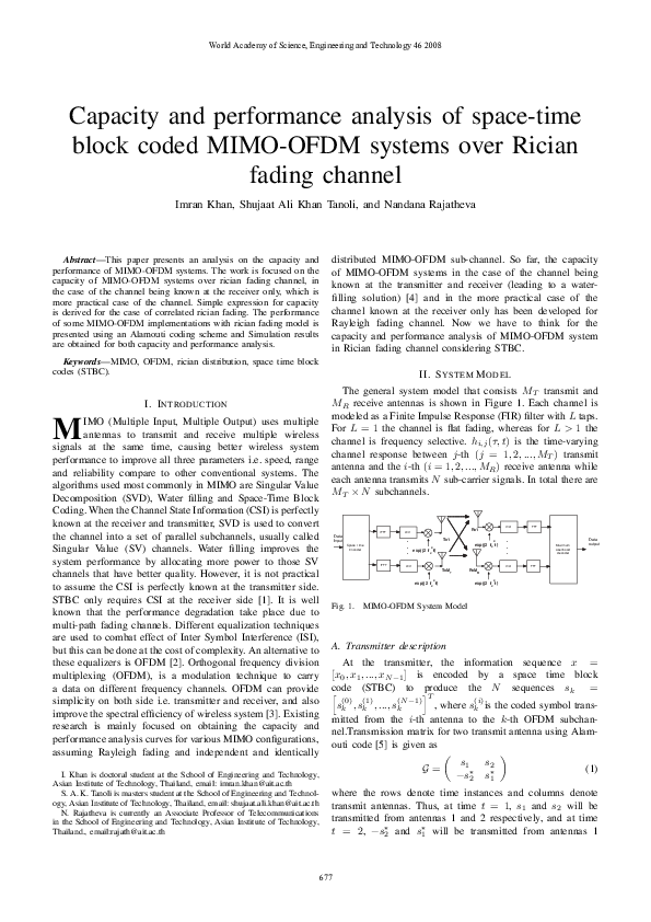 Pdf Capacity And Performance Analysis Of Space Time Block Coded Mimo Systems With Receive