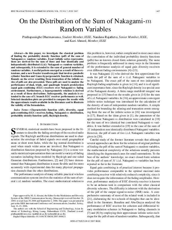 (PDF) On the Distribution of the Sum of Nakagami- Random Variables