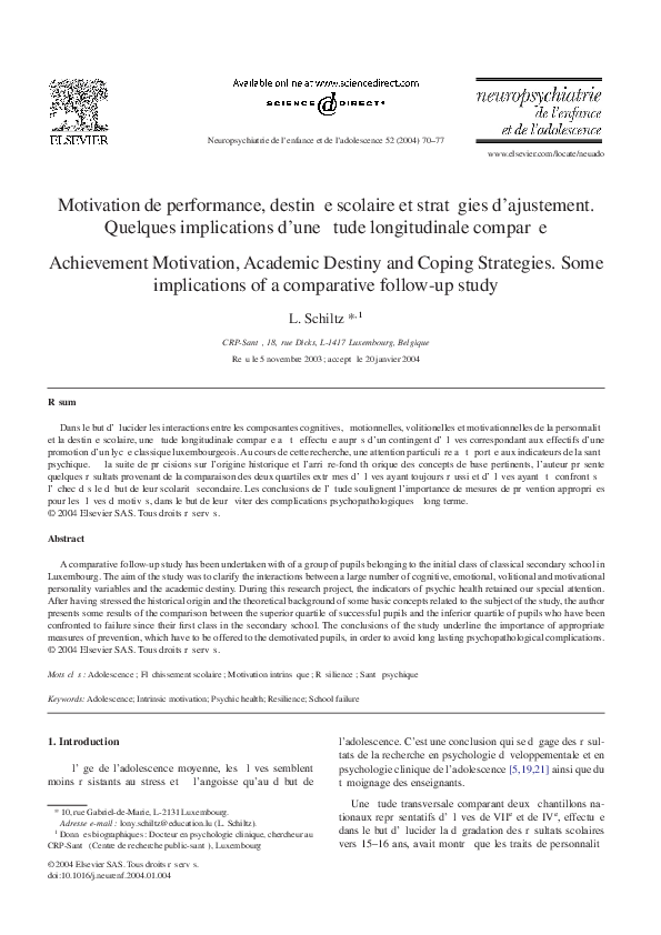 (PDF) Motivation de performance, destinée scolaire et stratégies d'ajustement. Quelques ...
