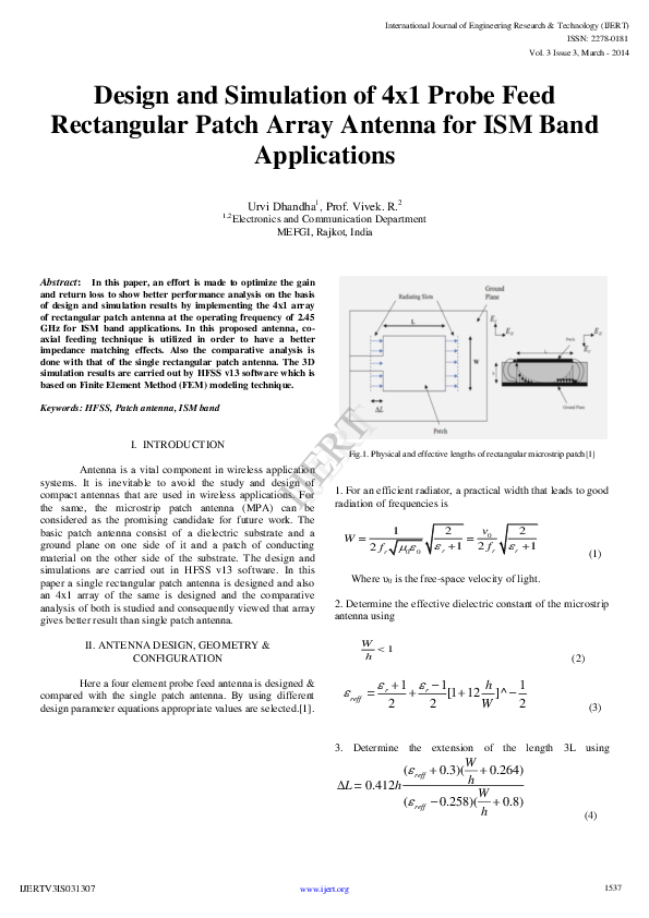 Pdf Design And Simulation Of 4x1 Probe Feed Rectangular Patch Array