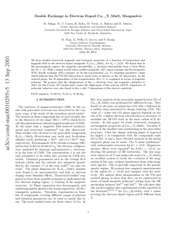 (PDF) Double Exchange in Electron Doped Ca1-xYxMnO3 Manganites