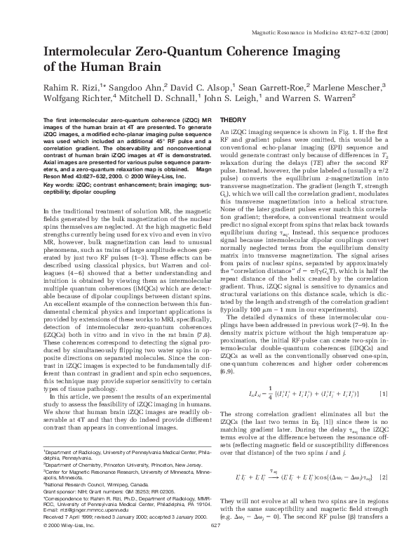 (PDF) Intermolecular zero-quantum coherence imaging of the human brain