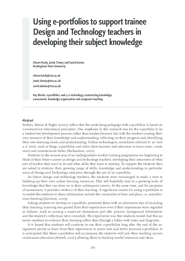 (PDF) Using e-portfolios to support trainee Design and Technology ...