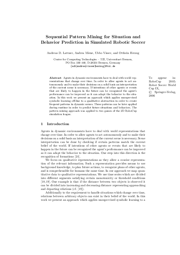(PDF) Sequential Pattern Mining for Situation and Behavior Prediction in Simulated Robotic Soccer