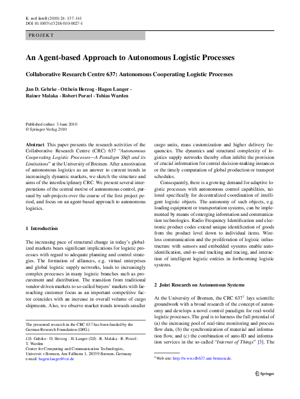 Pdf An Agent Based Approach To Autonomous Logistic Processes Otthein Herzog And Rainer