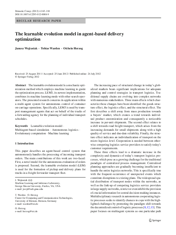 Pdf The Learnable Evolution Model In Agent Based Delivery Optimization