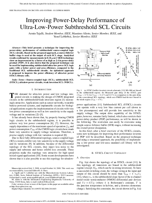 (PDF) Improving Power-Delay Performance of Ultra-Low-Power Subthreshold SCL Circuits