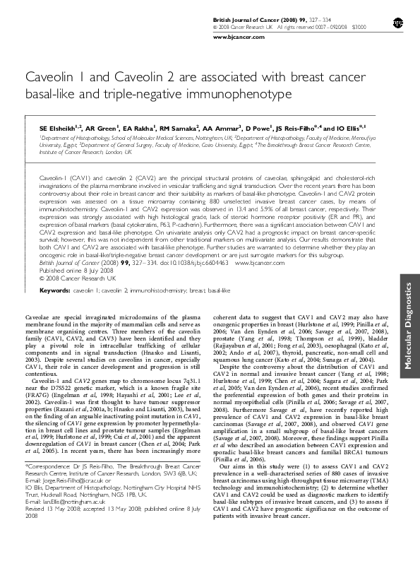(PDF) Caveolin 1 and Caveolin 2 are associated with breast cancer basal ...