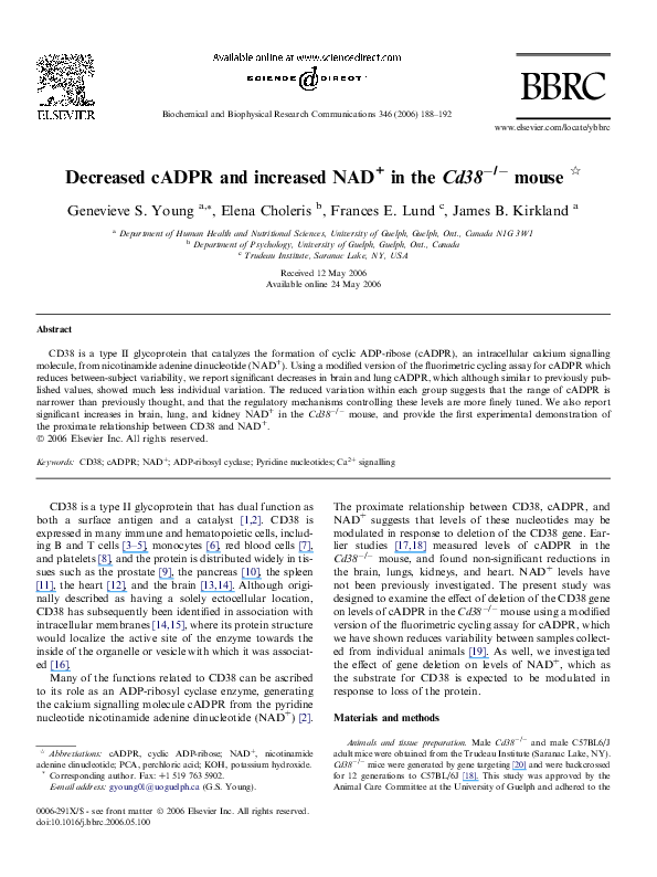 (PDF) Decreased cADPR and increased NAD+ in the Cd38−/− mouse