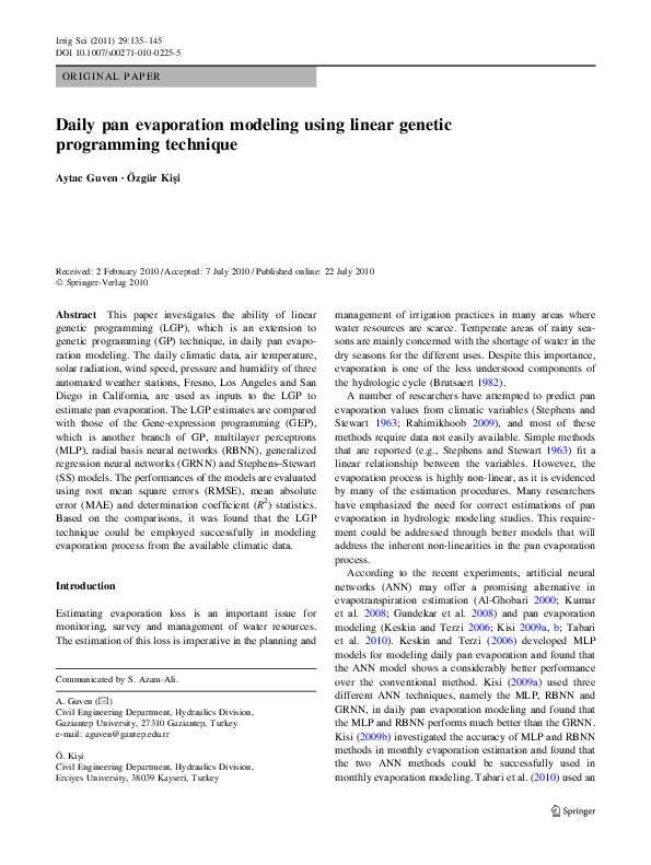 (PDF) Daily pan evaporation modeling using linear genetic programming ...