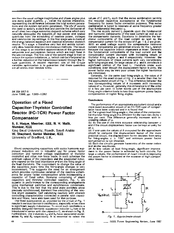 Pdf Operation Of A Fixed Capacitor Thyristor Controlled Reactor Fc Tcr Power Factor Compensator