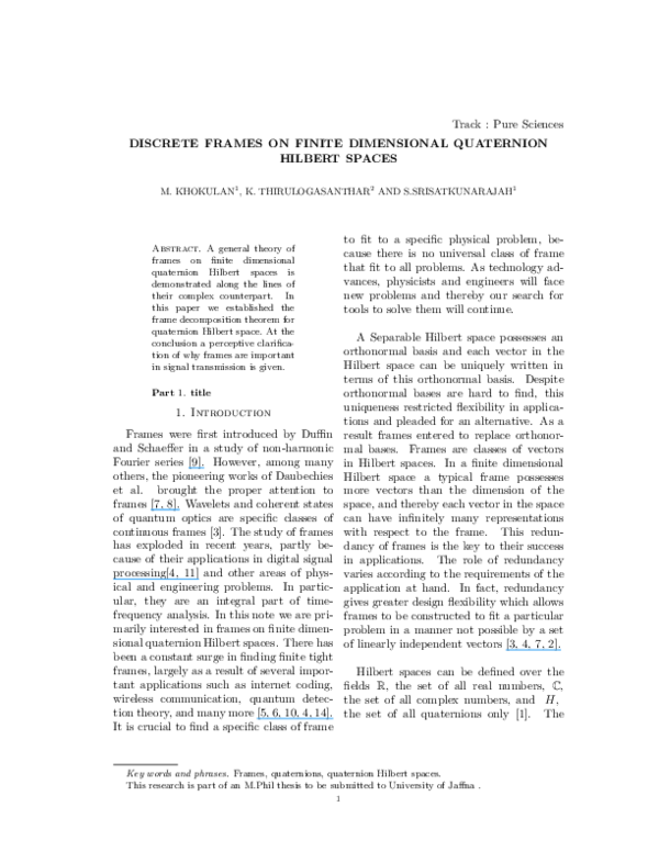 Pdf Discrete Frames On Finite Dimensional Quaternion Hilbert Spaces
