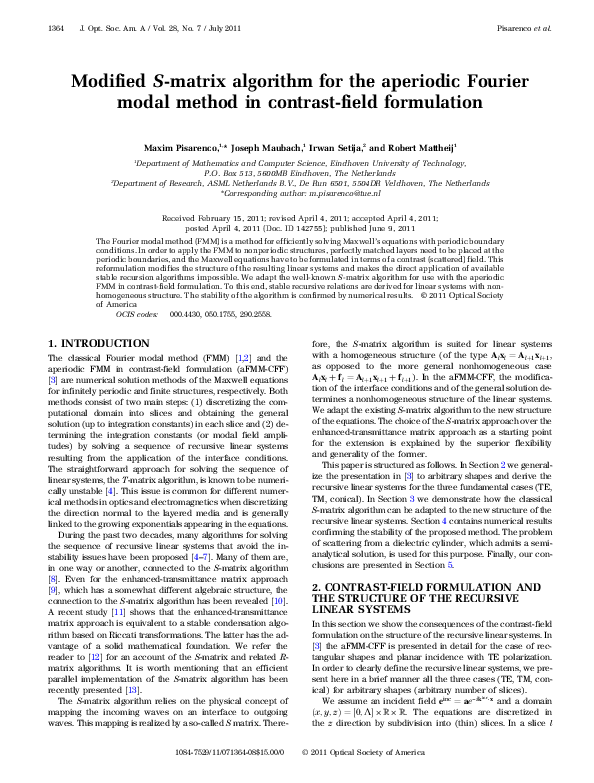 Pdf Modified S Matrix Algorithm For The Aperiodic Fourier Modal Method In Contrast Field