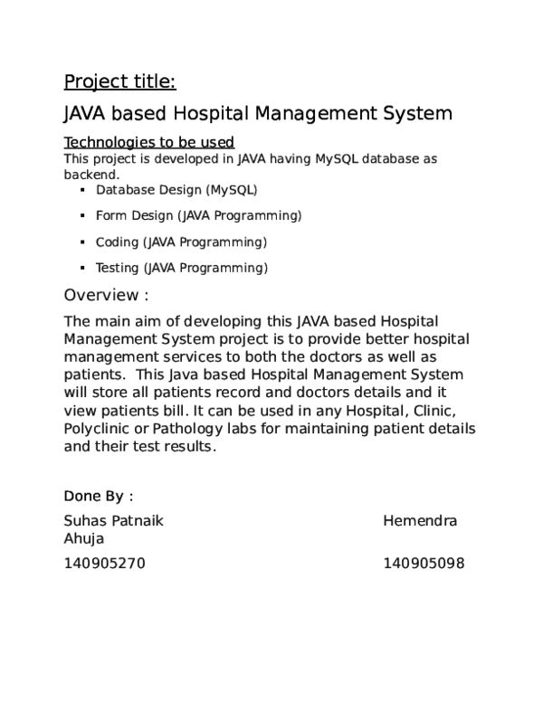 (DOC) Project title: JAVA based Hospital Management System