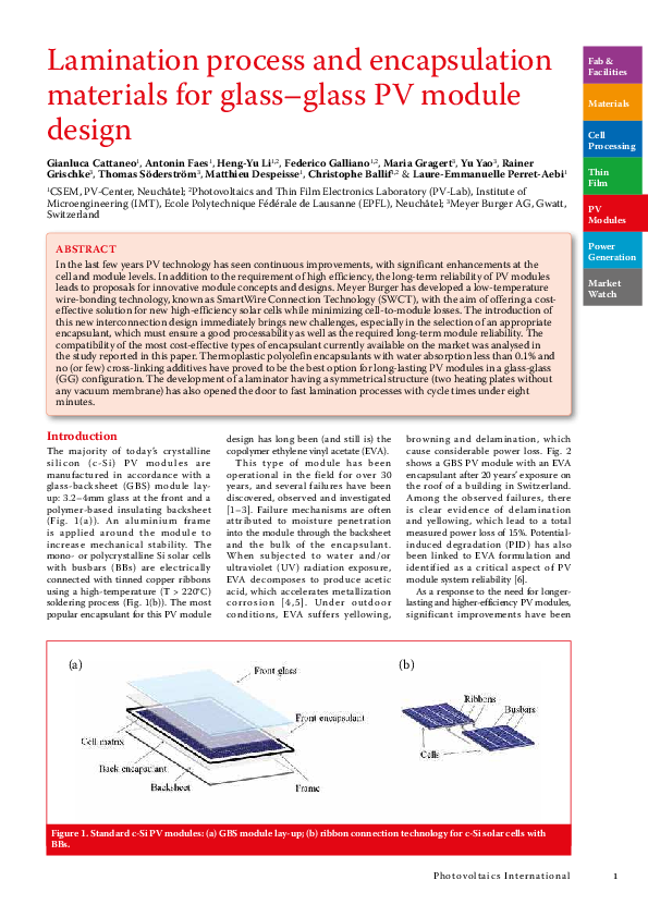Pdf Lamination Process And Encapsulation Materials For Glass Glass Pv