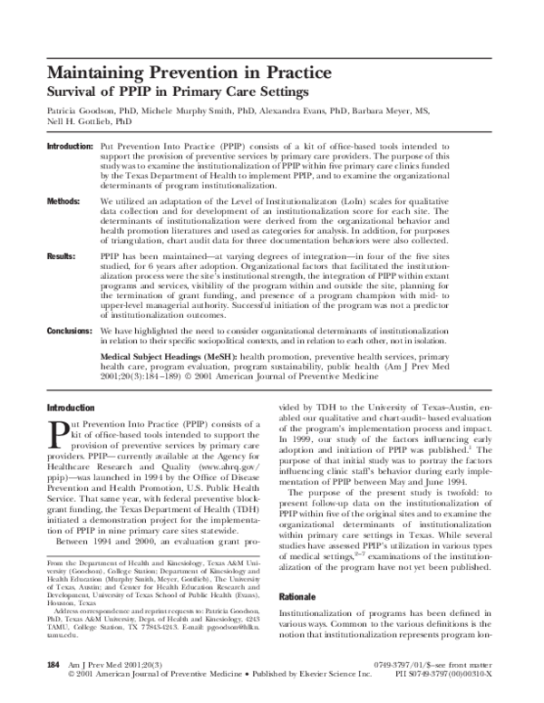 (PDF) Institutionalization of PPIP in Primary Care Clinics