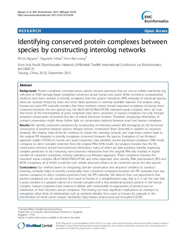 (PDF) Identifying conserved protein complexes between species by constructing interolog networks