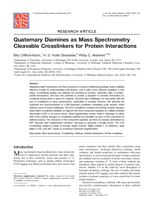 (PDF) Quaternary Diamines as Mass Spectrometry Cleavable Crosslinkers for Protein Interactions