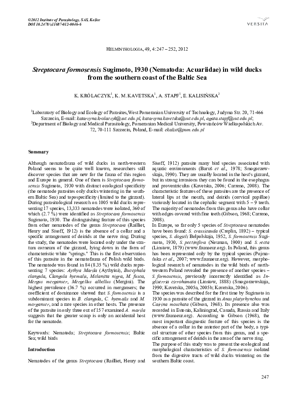 (PDF) Streptocara formosensis Sugimoto, 1930 (Nematoda: Acuariidae) in ...