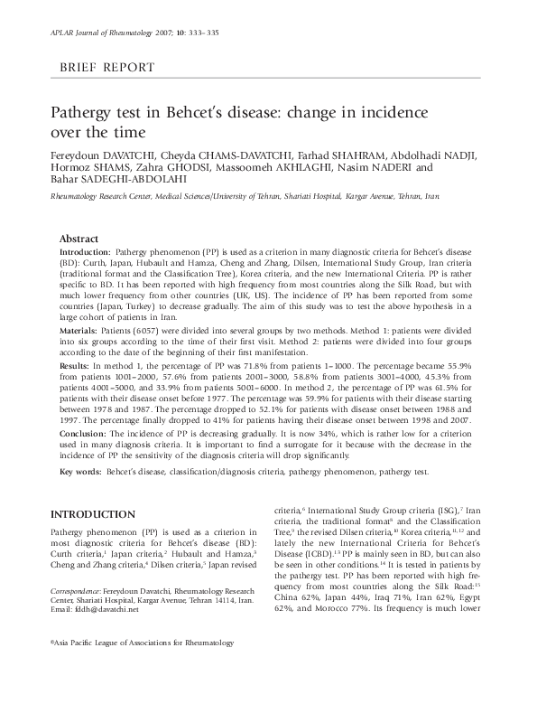 (PDF) Pathergy test in Behcet's disease: change in incidence over the time