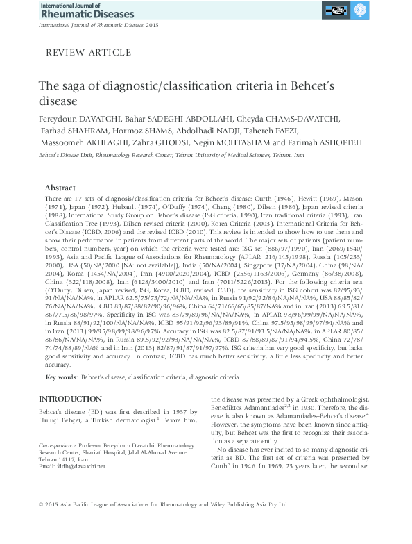 (PDF) The saga of diagnostic/classification criteria in Behcet's disease