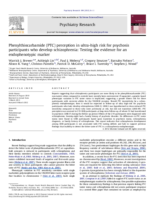 (PDF) Phenylthiocarbamide (PTC) perception in ultra-high risk for ...