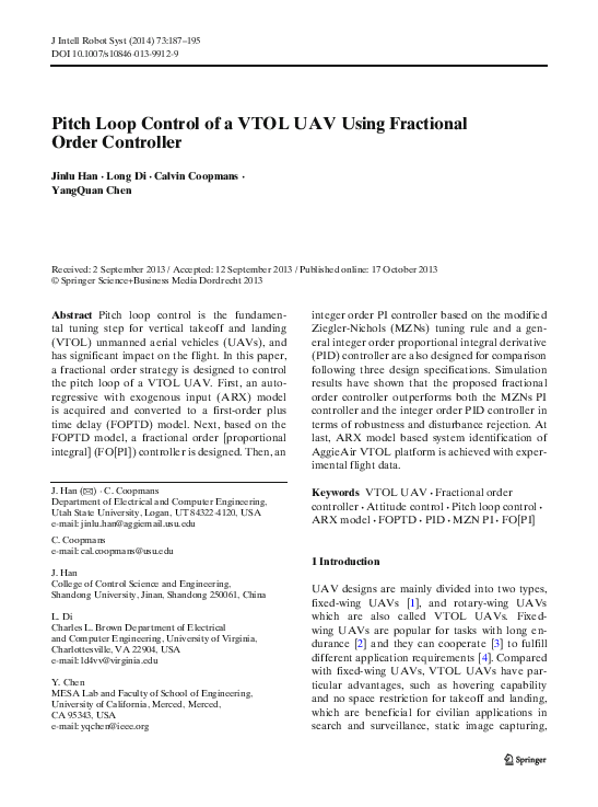 (PDF) Pitch Loop Control of a VTOL UAV Using Fractional Order Controller
