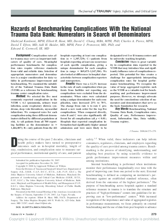 (PDF) Hazards of Benchmarking Complications With the National Trauma ...