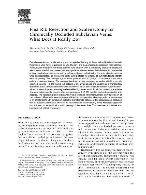 (PDF) First rib resection and scalenectomy for chronically occluded ...