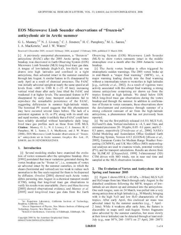 (PDF) EOS Microwave Limb Sounder observations of “frozen-in” anticyclonic air in Arctic summer