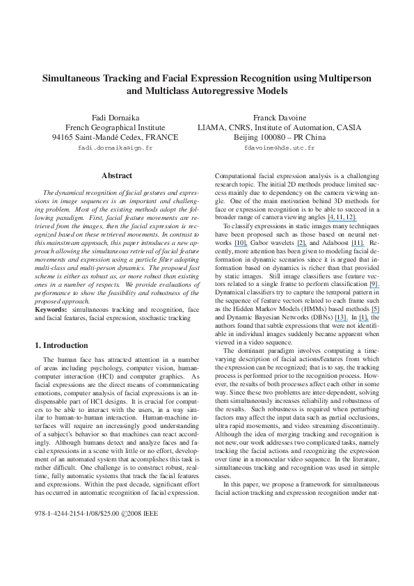 Pdf Simultaneous Tracking And Facial Expression Recognition Using Multiperson And Multiclass