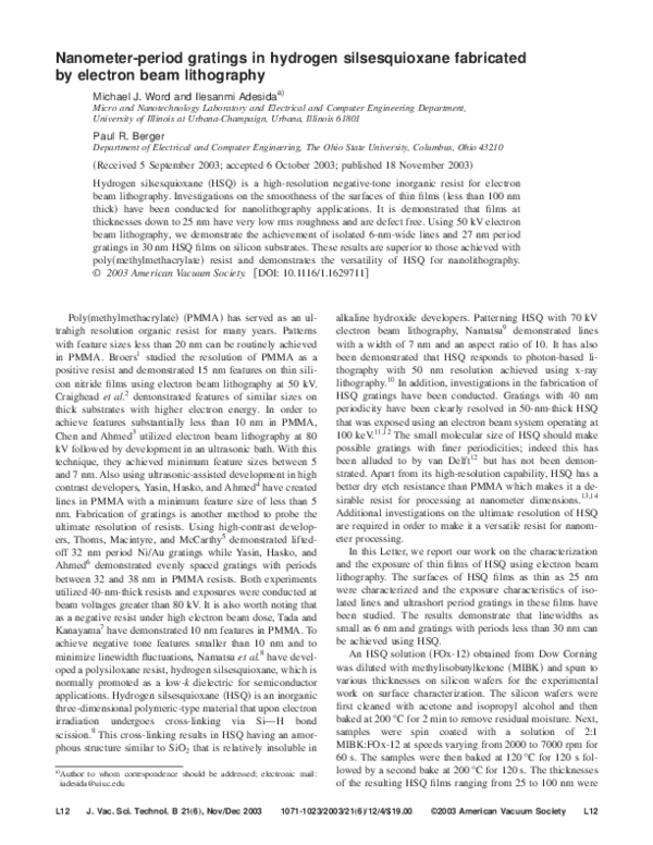 (PDF) Nanometer-period gratings in hydrogen silsesquioxane fabricated ...
