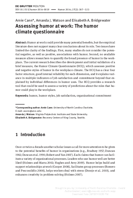 (PDF) Assessing humor at work: The humor climate questionnaire
