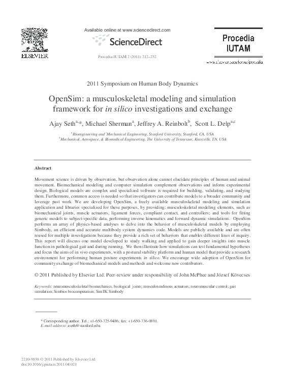 (PDF) OpenSim: a musculoskeletal modeling and simulation framework for in silico investigations ...