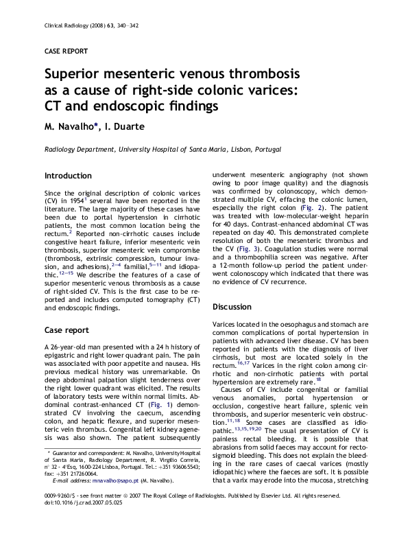 (PDF) Superior mesenteric venous thrombosis as a cause of right-side colonic varices: CT and ...