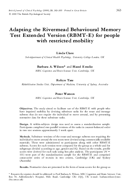 (PDF) Adapting the Rivermead Behavioural Memory Test Extended Version ...