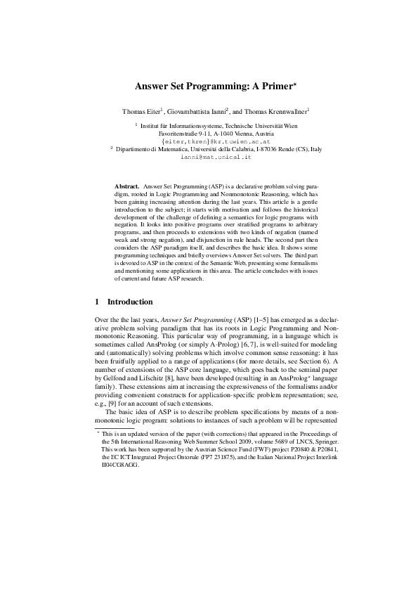 (PDF) Answer set programming: A primer
