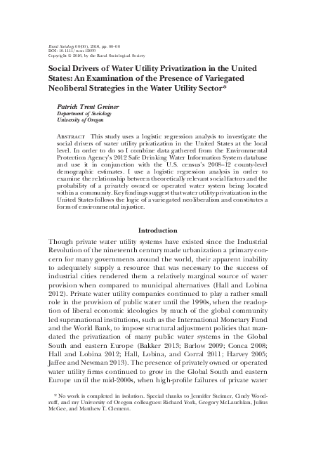 (PDF) Social Drivers of Water Utility Privatization in the United ...