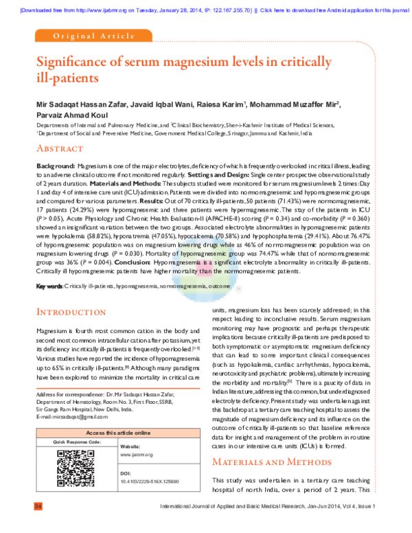 (PDF) Significance of serum magnesium levels in critically ill-patients