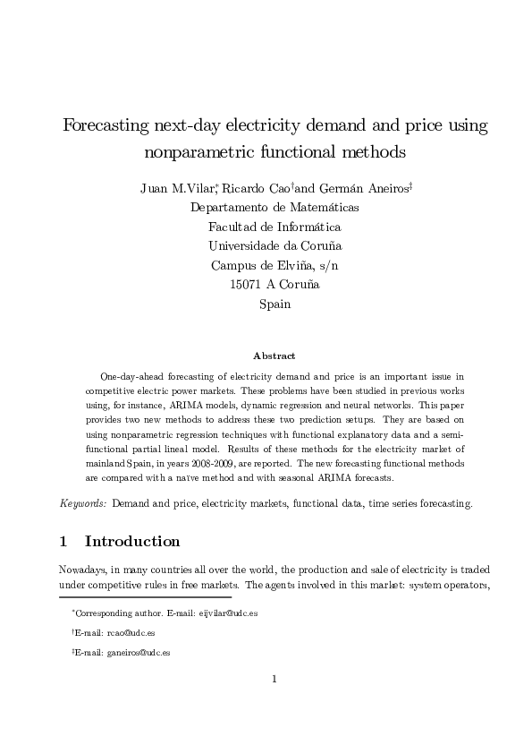 Pdf Forecasting Next Day Electricity Demand And Price Using Nonparametric Functional Methods
