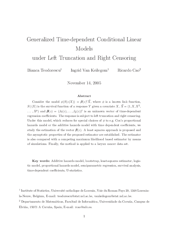 Pdf Generalized Time Dependent Conditional Linear Models Under Left Truncation And Right Censoring