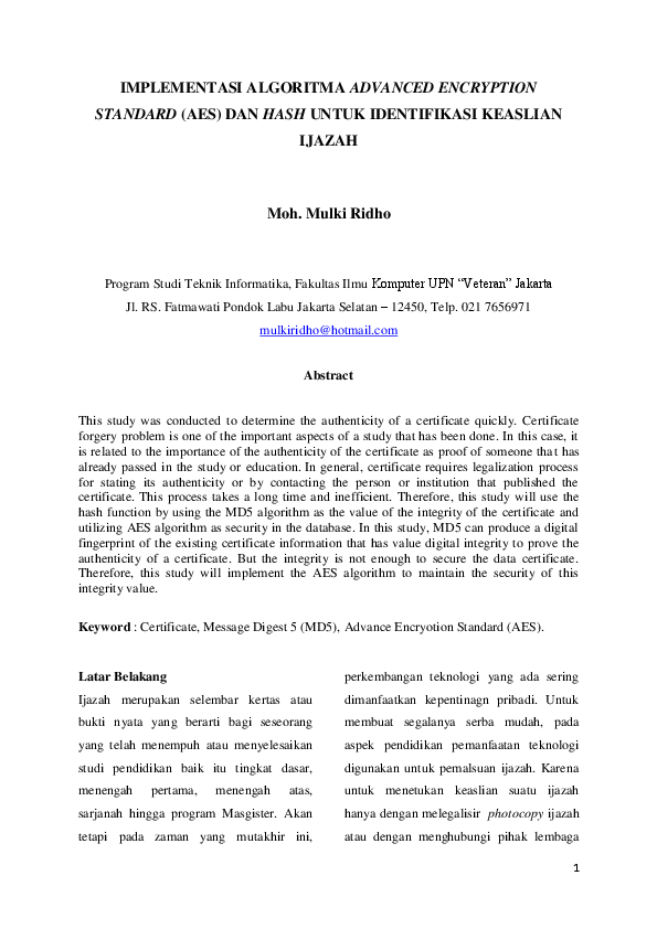 Pdf Implementasi Algoritma Advanced Encrytion Standard Aes Dan Hash