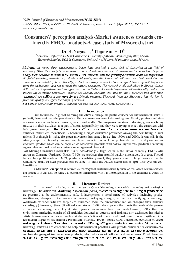 (PDF) Consumers\' perception analysis-Market awareness towards eco- friendly FMCG products-A ...