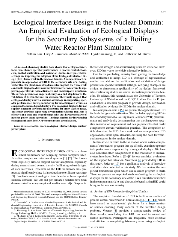(PDF) Ecological Interface Design in the Nuclear Domain: An Empirical Evaluation of Ecological ...