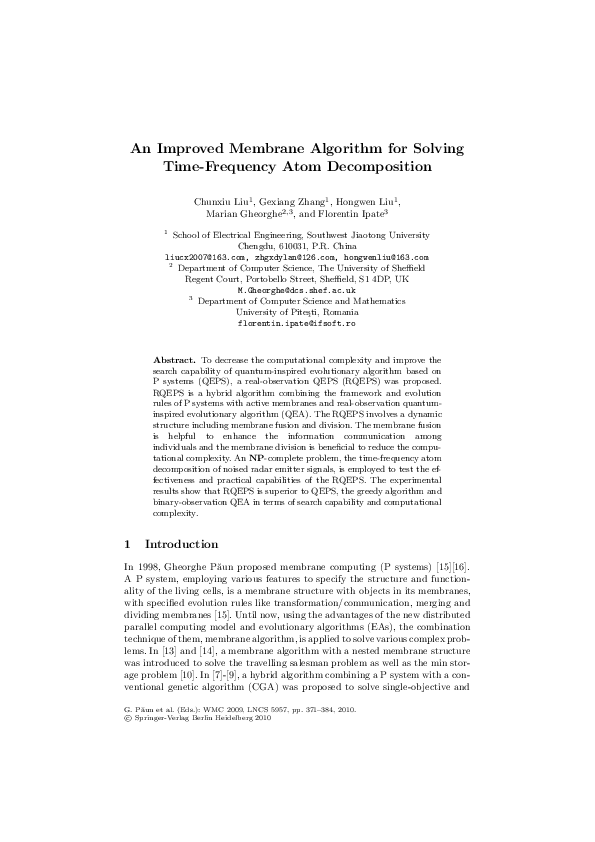 An Improved Membrane Algorithm for Solving Time-Frequency Atom Decomposition