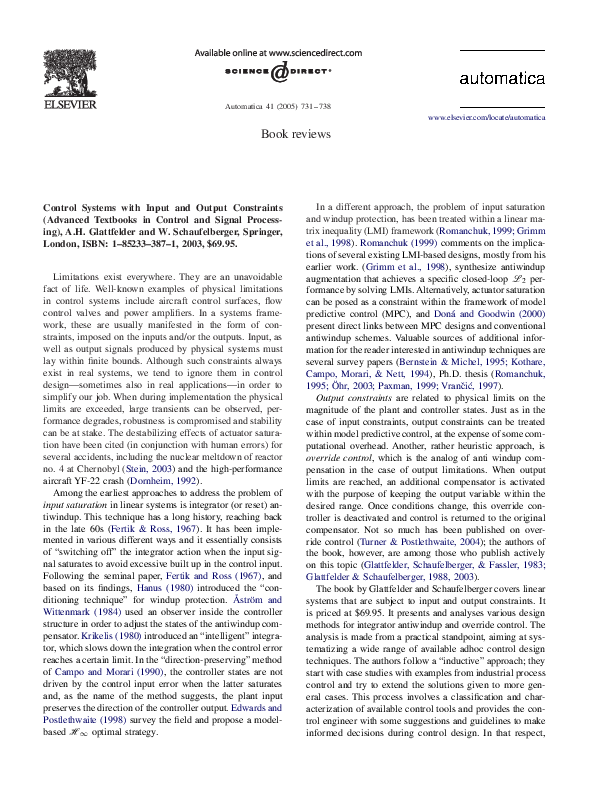 Pdf Control Systems With Input And Output Constraints Advanced Textbooks In Control And 1580