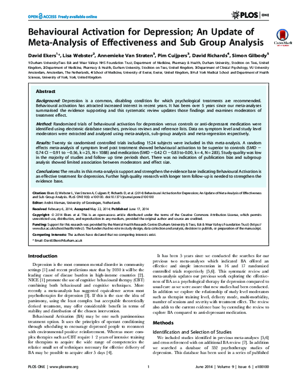 (PDF) Behavioural activation for depression; an update of meta-analysis ...