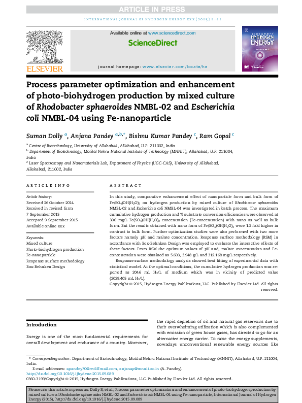 (PDF) Process parameter optimization and enhancement of photo-biohydrogen production by mixed ...